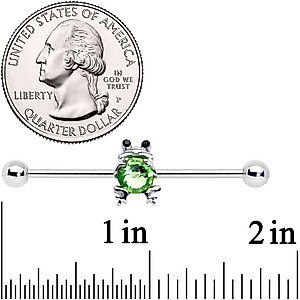 Body Candy Womens 14G Stainless Steel Helix Cartilage Earring Green Accent Frog Industrial Barbell 1 1/2"
