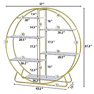 KNIGHTCRAFT White and Gold Bookshelf Circular Office Bookshelves 57" Tall Arched Book Shelves Open Etagere Bookcase Large Round Book Shelf for Living Room Modern Home Furniture