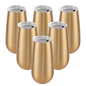 6 Pack Stemless Double Insulated Champagne Flute Tumbler with Lid, 6 Oz Unbreakable Reusable Cocktail Cups Champagne Toasting Glasses, Birthday Christmas Gifts for Friends, Wine Glass Tumbler, Golden