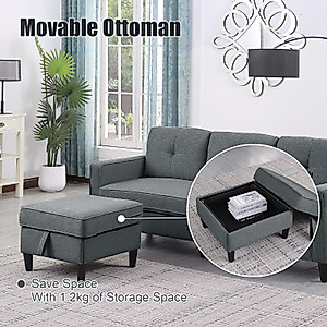 hooxnome Convertible Sectional Sofa Couch 3 Seater with Ottoman, Linen Fabric L Shape Sofa Compact Small Couch for Living Room with Reversible Chaise, with Large Storage and USB Function (Grey)