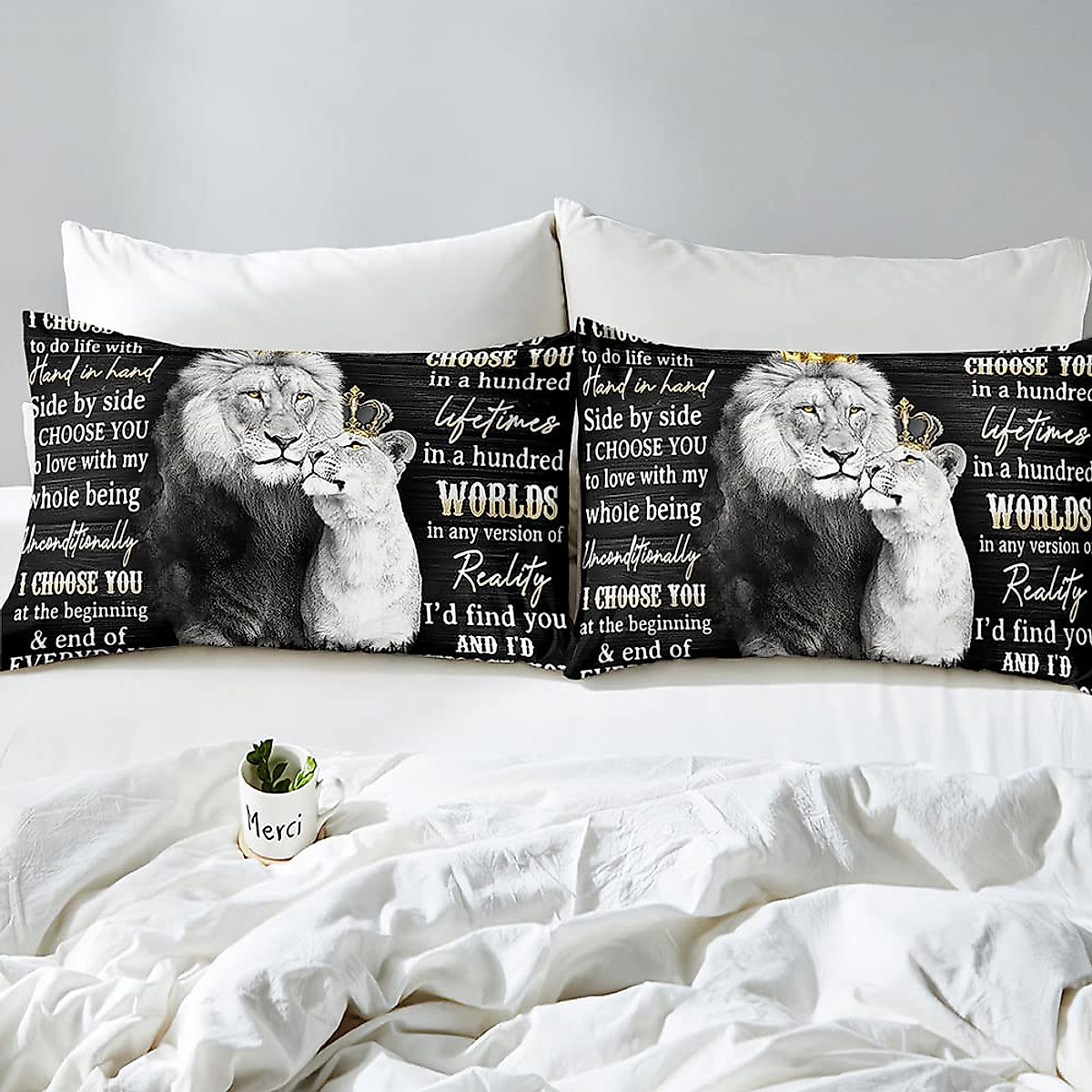 VIVIHOME 3PCS Lion Bedding Set, King Duvet Cover, African Safari Animal Black Bedding, Comforter Cover, Quilt Cover, Bedroom Decor for Couples, Romantic Lion Couple Gifts, I Choose You, 2 Pillowcases