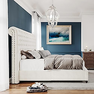 PaPaJet King Size Bed Frame Upholstered Bed Frame King with 52.8” Tall Headboard/Cream