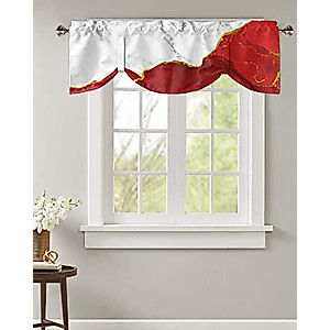 FAMILYDECOR Kitchen Valances for Windows, Elegant Adjustable Window Treatments with Tie-up, White Gold and Red Plated Marble Window Valance Curtains for Living Room/Bedroom 60x18in