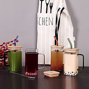 SAIOOL Glass Cups Set 4 Pack - 17oz Wide Mouth Mason Jar Drinking Glasses with Bamboo Lids & Straws and Square Color Handle Cup ,Beer, Iced Coffee, Ideal for Cocktail, Whiskey, Gift