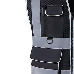 LOHASWORK Reflective Mesh Safety Vest - High Visibility Multi Pockets Breathable Workwear, ANSI/ISEA Standard (Medium, Black)