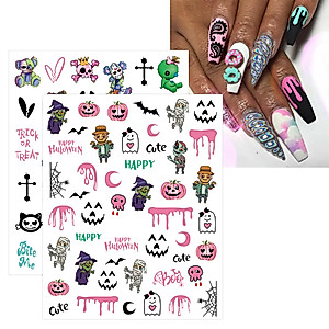 JMEOWIO 9 Sheets Pink Halloween Nail Art Stickers Decals Self-Adhesive Pegatinas Uñas Cute Skull Ghost Witchy Spider Web Bat Candy Pumpkin Nail Supplies Nail Art Design Decoration Accessories