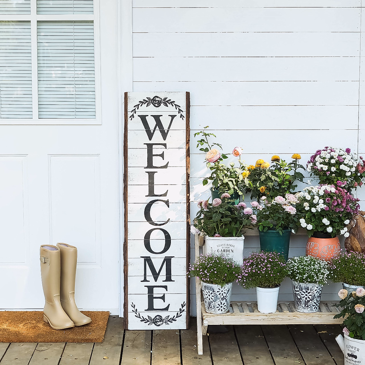 NIKKY HOME Large Vertical Welcome Word Sign for Porch Front Door Entryway Rustic Wooden Plaque Wall Hanging Decor, 46.5 x 12.5 Inch