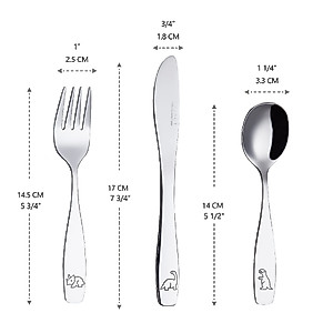 Exzact Kids Flatware 6 Pieces Set - Stainless Steel Silverware 2 x Forks, 2 x Safe Table Knife, 2 x Tablespoons - Child Toddler Utensils - Dinosaurs Engraved