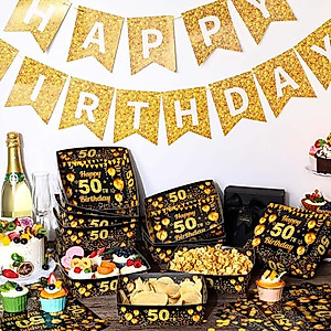 Tenceur 50 Pcs 50th Birthday Party Supplies Trays 5 lb Black and Gold Large Paper Boats for Food Disposable Snack Serving Nacho Trays for Men Women Happy 50 Years Birthday Party Supplies