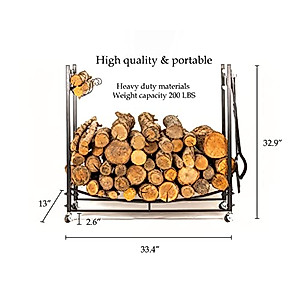 KAG ONE Firewood Storage Rack with Kindling Holder, Black, Metal, 33.4"L x 13"W x 32.9"H, 200 LBS Weight Capacity