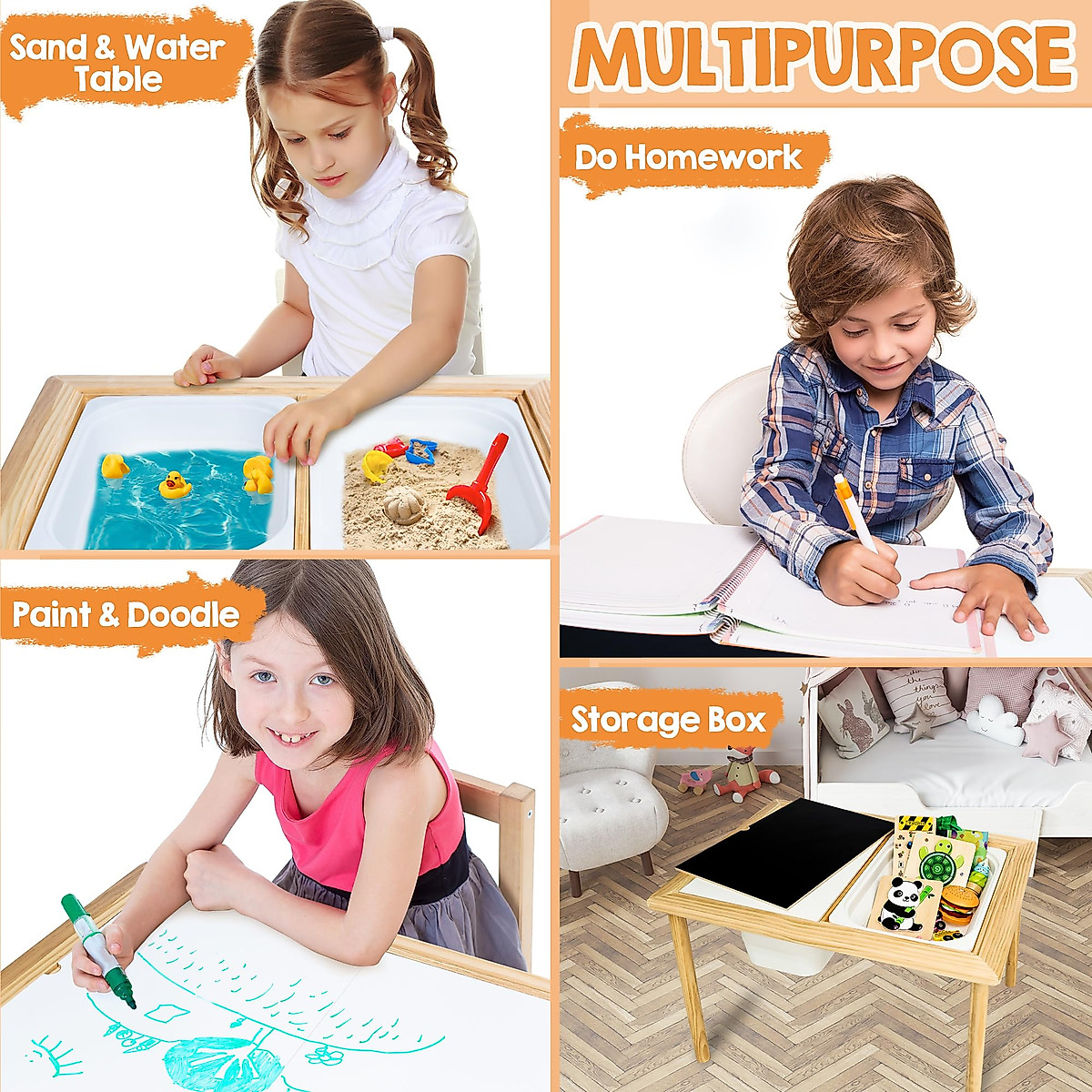 AMAWOOD Kid's Wooden Sensory Table with 2 Storage Bins, Play Sand & Water Table for Kids, Children Activity Table with Blackboard & Whiteboard, Gift for Boys Girls