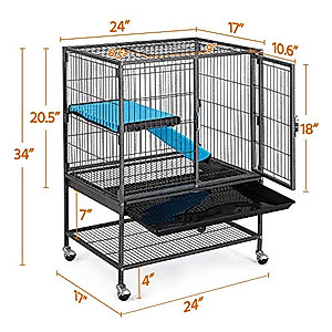 Topeakmart Rolling Metal Small Animal Cage for Adult Rats Ferrets Chinchillas Guinea Pigs Single Unit Critter Nation Cage w/Removable Ramp & Platform Black