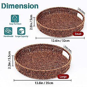Set of 2 Rattan Serving Tray Round Rattan Basket Trays with Handles for Breakfast, Large Woven Decorative Tray for Coffee Table, Kitchen, Bathroom (12.6in + 13.8in)