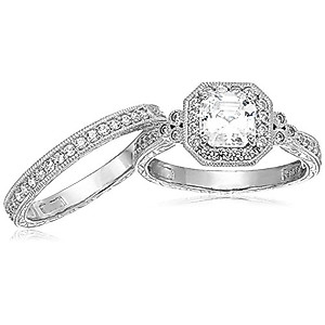 Amazon Essentials Platinum-Plated Sterling Silver Antique Ring set with Asscher-Cut Infinite Elements Cubic Zirconia, Size 8 (previously Amazon Collection)