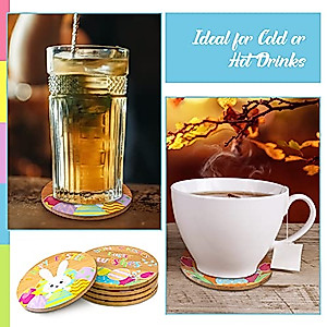 6 Pieces Happy Easter Drink Coasters Set Bamboo Wood Drink Coasters Funny Cartoon Round Easter Theme Coasters Eggs Bunny Party Decorations for Kitchen Cup Drink Coffee Mug Bar Easter Decor