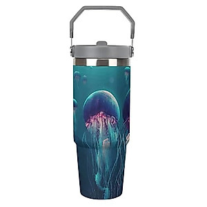 30oz Stainless Steel Insulated Tumbler with Flip Lid & Straw, Leakproof Travel Mug for Car, Color Jellyfish Double Wall Vacuum Thermal Coffee Cup with Handle, Spill-Proof Design for Hot/Cold Drinks