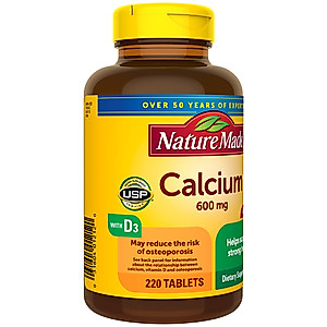 Nature Made Calcium 600 mg with Vitamin D3, Dietary Supplement for Bone Support, 220 Tablets