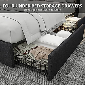 AMERLIFE Full Bed Frame with RGBW LED Lights Headboard & 4 Storage Drawers, Upholstered Smart Platform Bed with USB & USB-C Ports, Box Spring Optional, Dark Grey