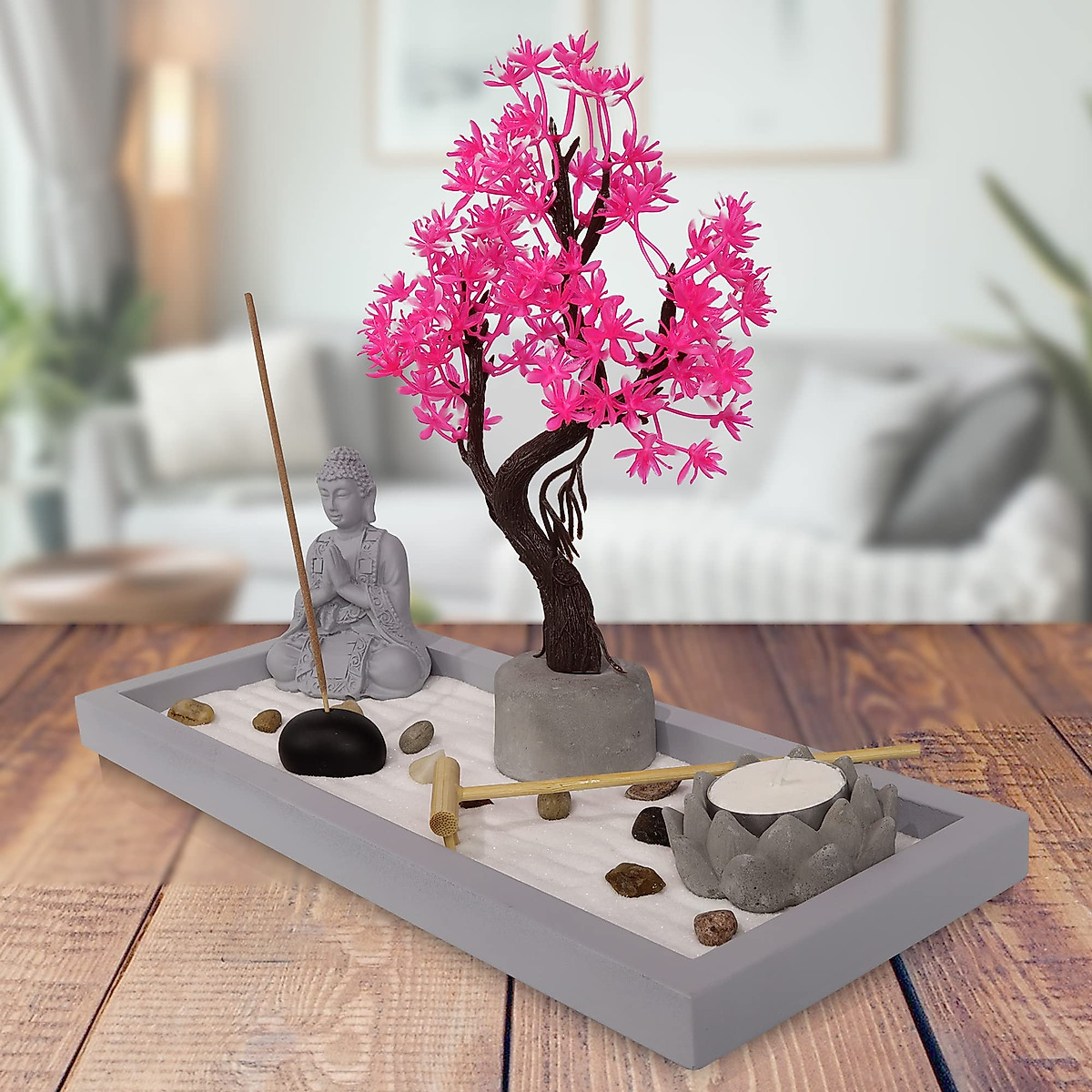 Zen Garden Incense Holder with a Mini Buddha Statue and a Tealight Candle Holder - Beautiful Zen Garden for Desk, Meditation Gifts, Zen Decor, and Japanese Art