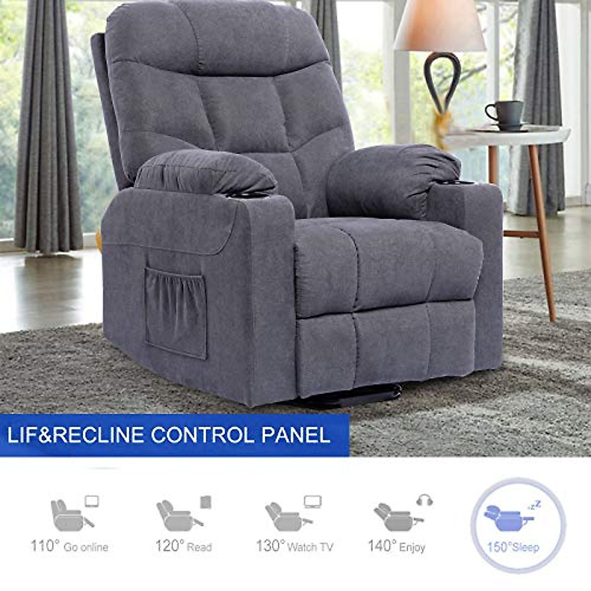 Living Room Power Lift Massage Recliner Chair for Elderly Heated Ergonomic Lounge Fabric Vibratory Massage Chair with Cup Holders/Heating/Remote Control Grey