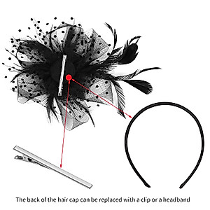 Fascinators Hat for Women Tea Party Hat Headband Set Wedding Flower Mesh Hair Clip with Veil Tea Party Headwear Lace Gloves Pearl Necklace and Earrings for Halloween Party Black