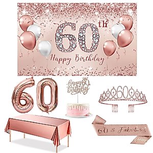 Trgowaul 60th Birthday Decorations Party Set for Women, Rose Gold 60 Birthday Banner and Tablecloth, 60 & Fabulous Sash and Tiara, 1PC Happy 60th Birthday Cake Topper, Pink Gold 60 Number Balloons