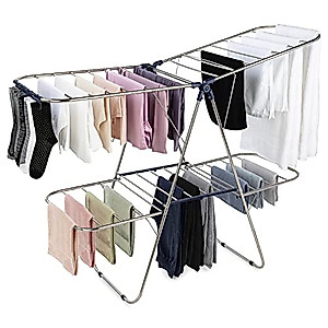 Foldable Premium Clothes Drying Rack, Large 2- Layer Stainless Steel Drying Rack for Sheets, Towels & Clothing Including 33 Hanging Rails, Height Adjustable and 32 Clips for Socks & Underwear - Blue