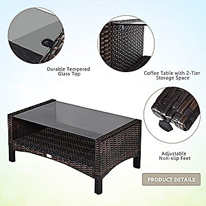 HAPPYGRILL 4-Piece Patio Furniture Set Outdoor Rattan Wicker Sofa Set with Cushions & Coffee Table, Conversation Sofa Set with Tempered Glass Table Top and Storage Shelf