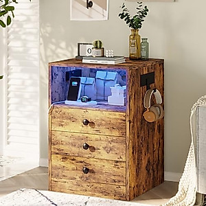 LIKIMIO Nightstand with Charging Station and 3 Drawers, LED Lights End Side Table with interchangeable sockets and Hooks, Vintage Brown