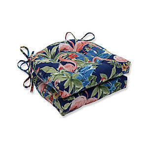 Pillow Perfect Tropic Floral Indoor/Outdoor Chairpad with Ties Tufted, Weather, and Fade Resistant, 17" x 17.5", Blue/Green Flamingoin 2 Count