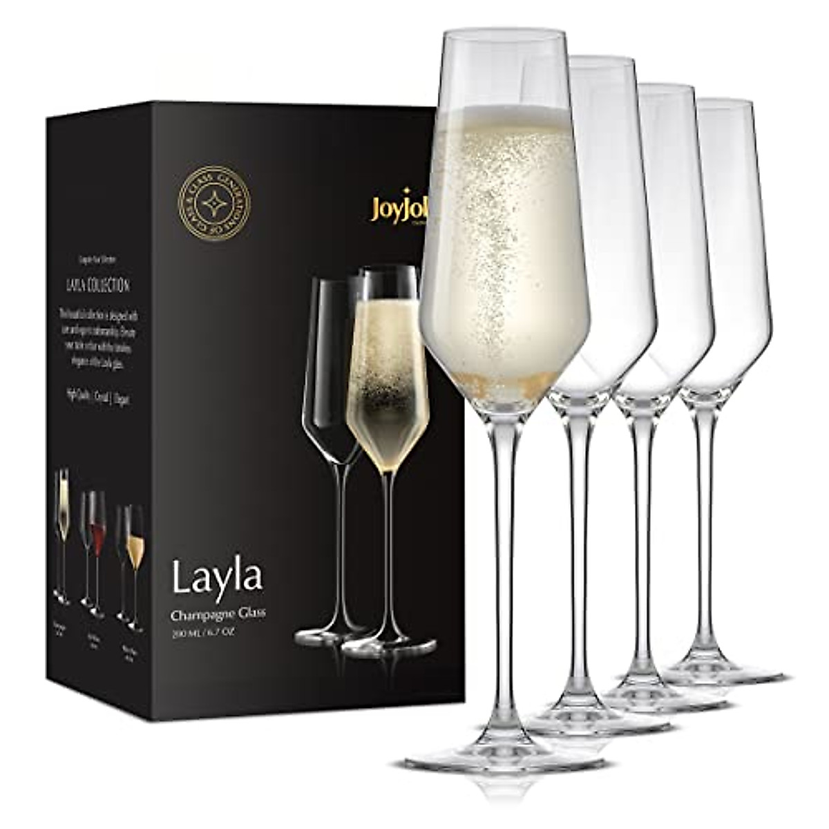 JoyJolt Champagne Flutes – Layla Collection Crystal Champagne Glasses Set of 4 – 6.7 Ounce Capacity – Ideal for Home Bar, Special Occasions – Made in Europe
