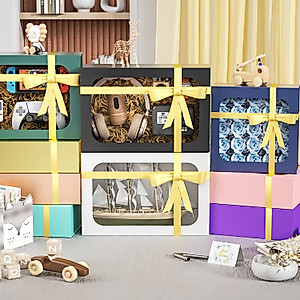 PSHVYM Large Gift Box with Window, 13.5x9x4.3 In Black Gift Box for Presents Magnetic Lids Collapsible for Groomsmen Proposal Box, Birthday, Graduation, Christmas, Contains Card, Ribbon