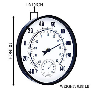 Thermometer Indoor Outdoor 10" Patio Large Wall Thermometer and Hygrometer,No Battery is Required to Let You to See The Temperature and Humidity of The Day from a Distance, Upgrade Version