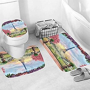 4PCS Eiffel Tower Shower Curtains with Rugs Bath Mat Toilet Lid Cover and 12 Hooks Waterproof Paris Tower Bathroom Shower Curtain Set