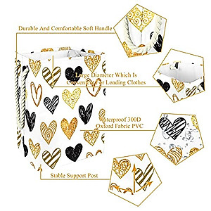 Inhomer Laundry Hamper Hand Painted Golden Black Hearts Collapsible Laundry Baskets Firm Washing Bin Clothes Storage Organization for Bathroom Bedroom Dorm