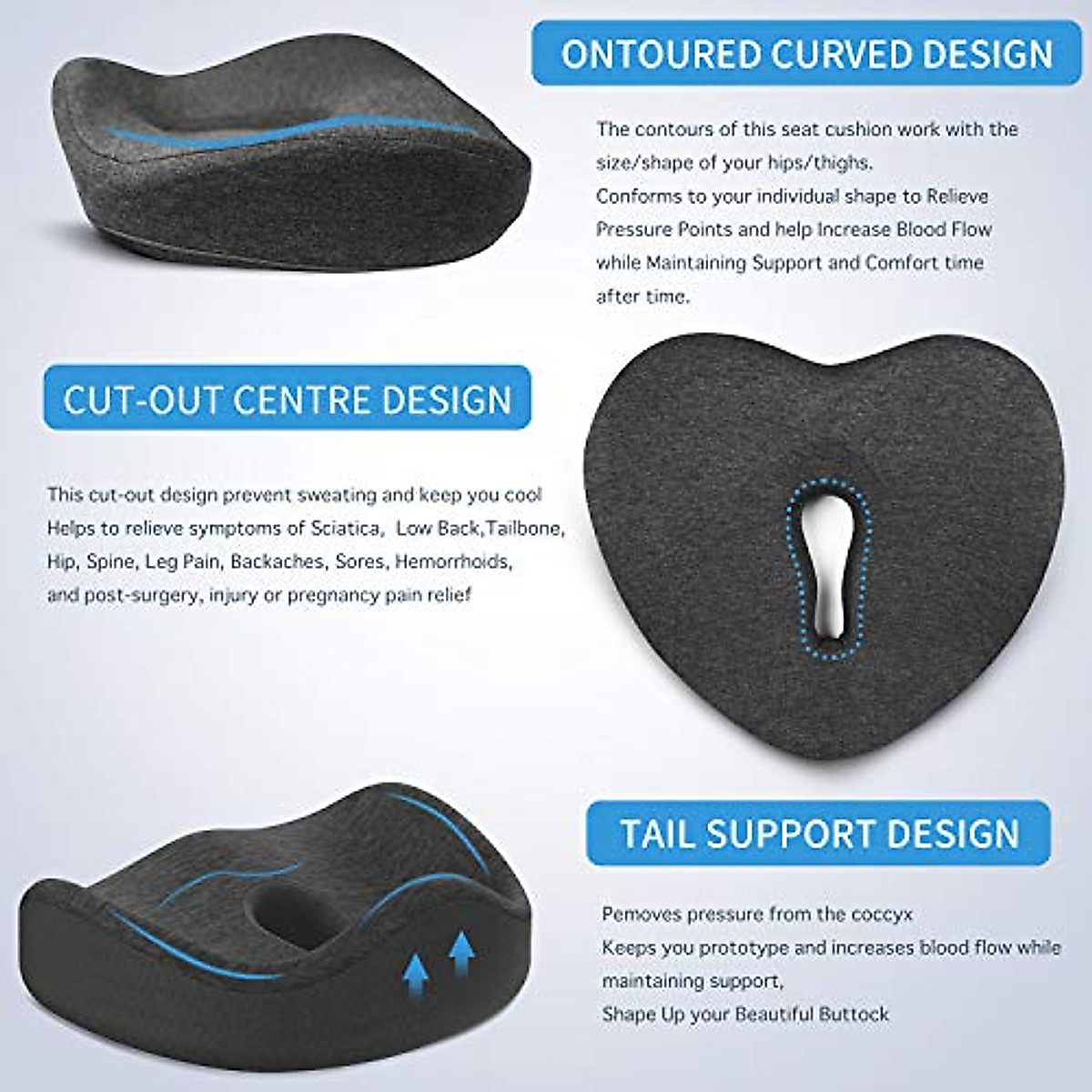 100% Memory Foam Seat Cushion for Office Chair-Coccyx seat Cushion-Pressure Relief Seat Cushion for Long Sitting Hours on Office/Home Chair, Car, Wheelchair(Gray)