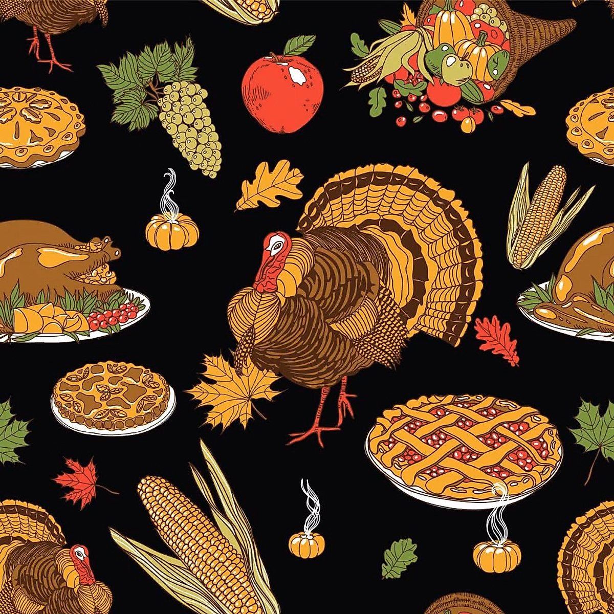 Generic 45 x 36 Fall Autumn Thanksgiving Turkey Pie Gourds Corn Pie on Black 100% Cotton Fabric