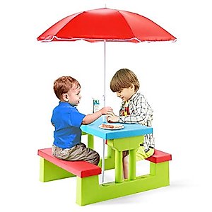 HONEY JOY Kids Picnic Table, Toddler Plastic Outdoor Table & Bench Set with Umbrella, Children Patio Furniture Set for Backyard Garden, Kids Picnic Tables for Outdoors, Gift for Boys Girls Age 3+