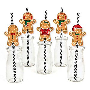 Big Dot of Happiness Gingerbread Christmas - Paper Straw Decor - Gingerbread Man Holiday Party Striped Decorative Straws - Set of 24