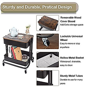 2 Tier Metal Utility Rolling Cart Storage Organizer with Cover Board, Mobile Trolley Sofa Side Table with Wheels for Office Home Kitchen Organization, Black