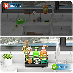 Godboat Kitchen Sink Organizer - 201 Stainless Steel Sink Caddy with Dish Brush Holder, Sponge Holder with Auto-Drain, 360° Swivel Spout, Kitchen Gadgets and Decor for Tiny Home, Gifts for Women, Mom