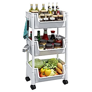 MAGINELS 3-Tier Plastic Rolling Utility Cart, Storage Rolling Cart with Lockable Wheels, Book Cart with 2 Hooks for Kitchen Bathroom Office Balcony Living Room, White