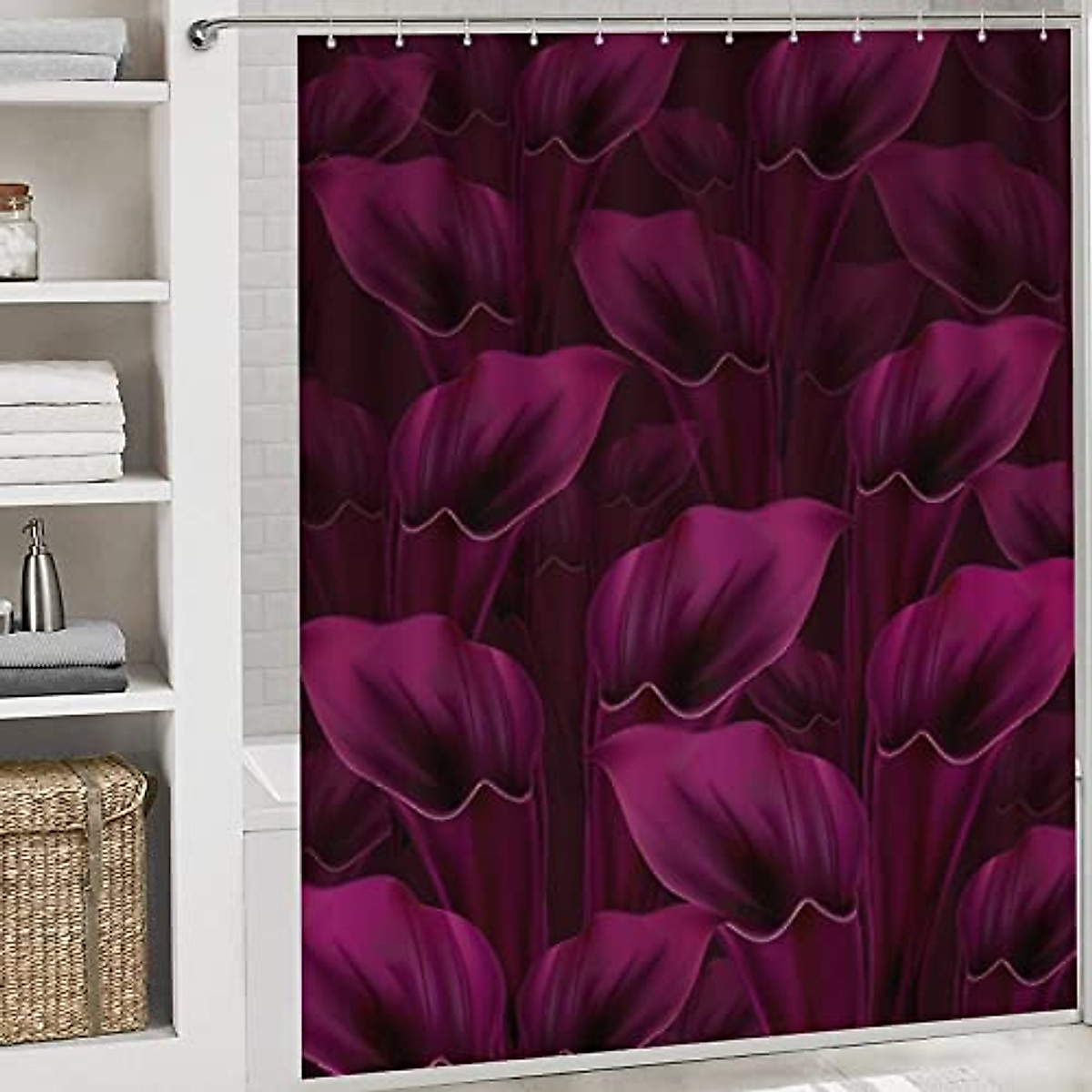 Kazynee Burgundy Flower 4 Piece Shower Curtain Sets, Non-Slip Rugs, Toilet Lid Cover and Bath Mat, Durable and Waterproof, for Bathroom Decor Set One Size