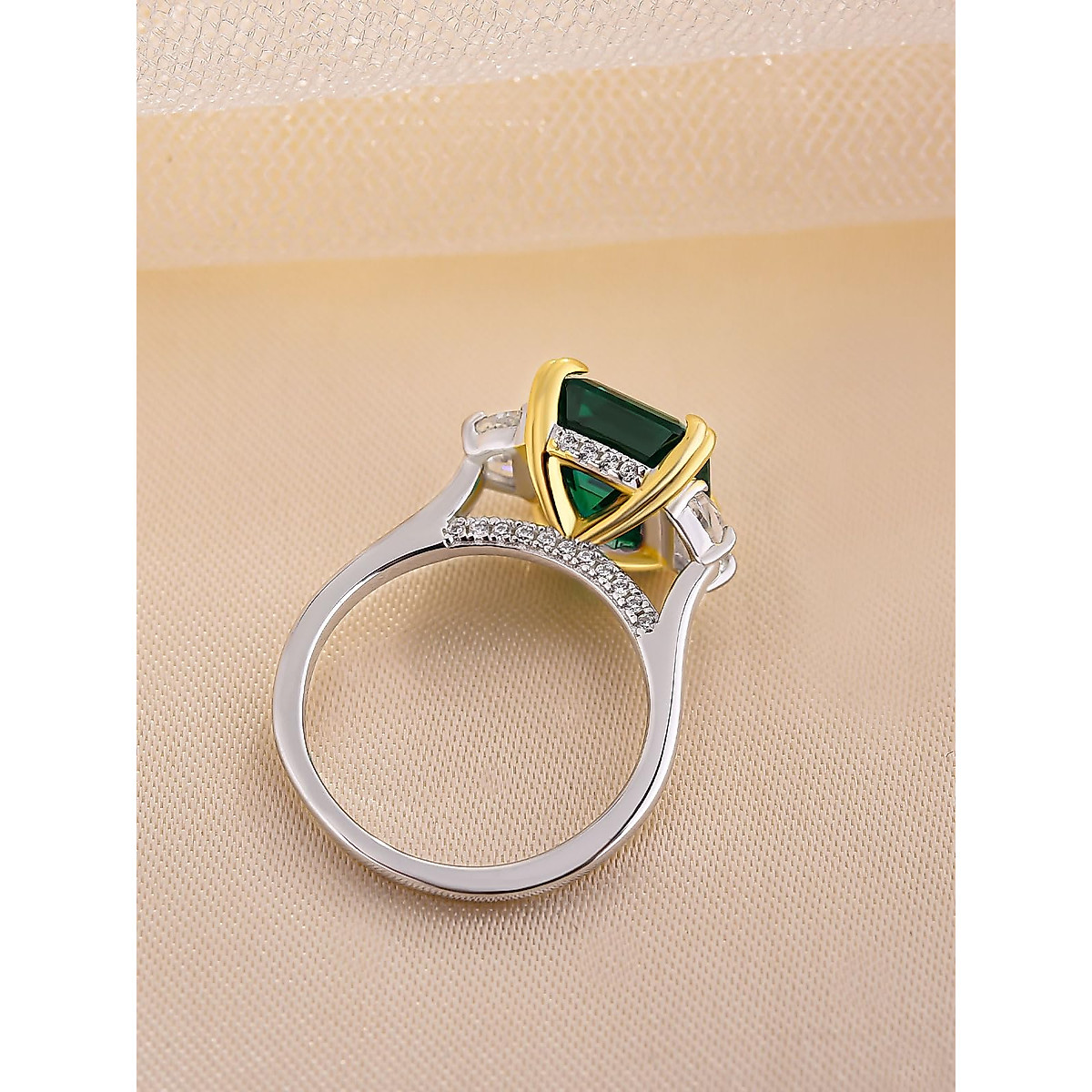 Effinny 4.5ct Women's Two-Tone Emerald Engagement Ring,Asscher Cut Green Paraiba Tourmaline Three Stone Promise Ring in 925 Sterling Silver(Size:8)