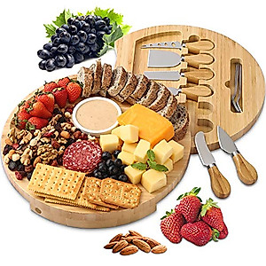 BOLTLINK Cheese Board and Knife Set, Bamboo Round Charcuterie Boards Swivel Meat Platter Personalized Tray with 6 knives for Housewarming Christmas Thanksgiving Party Birthday Wedding Gifts
