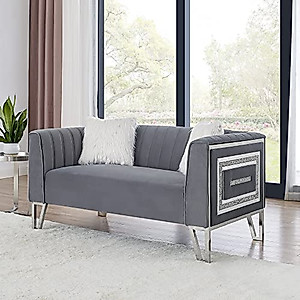 Melpomene Velvet Living Room Loveseat Sofa with Mirrored Side Trim,Faux Diamonds and 2 Villose Pillows,Grey