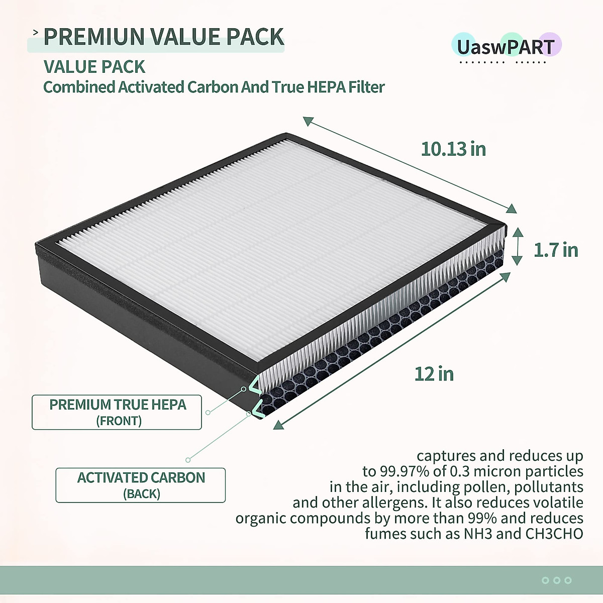 300 300S Replacement Filter Compatible with 300/300s Air Pu-rifier Filter Replacement (for 1256 sq.ft), Compare to 3111635, 2-Pack White H13 True HEPA & Activated Carbon