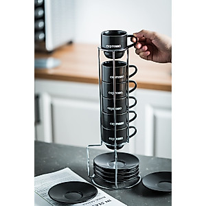 Espresso Cups with Saucers Set, Porcelain Coffee Cups Set with Metal Stand 4 OZ Stackable Demitasse Cups for Latte, Cafe, Mocha and Cappuccino, Tea Cup Set of 6, Thanksgiving Gifts, Black