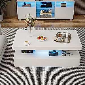 IKIFLY Modern High Glossy White Coffee Table with 16 Colors LED Lights, Contemporary Rectangle Design Living Room Furniture, 2 Tiers