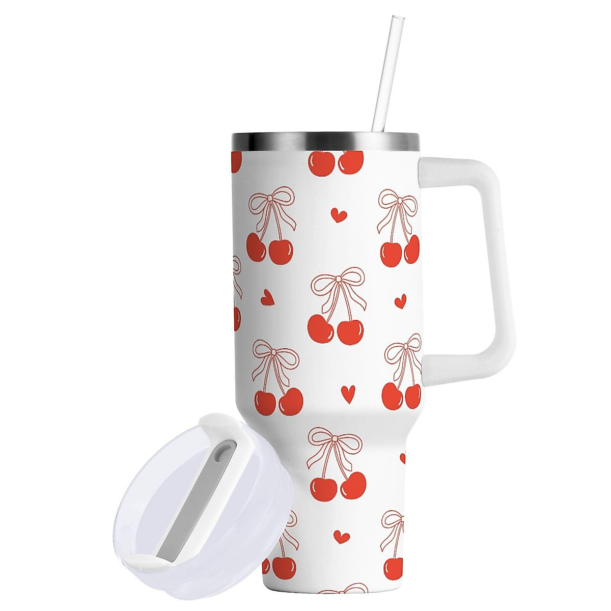 KEEPREAL 40 oz Red Cherry Bow Tumbler with Handle, Insulated Sports Water Bottle with Lid and Straw, Thermal Stainless Steel Travel Coffee Mug Cup